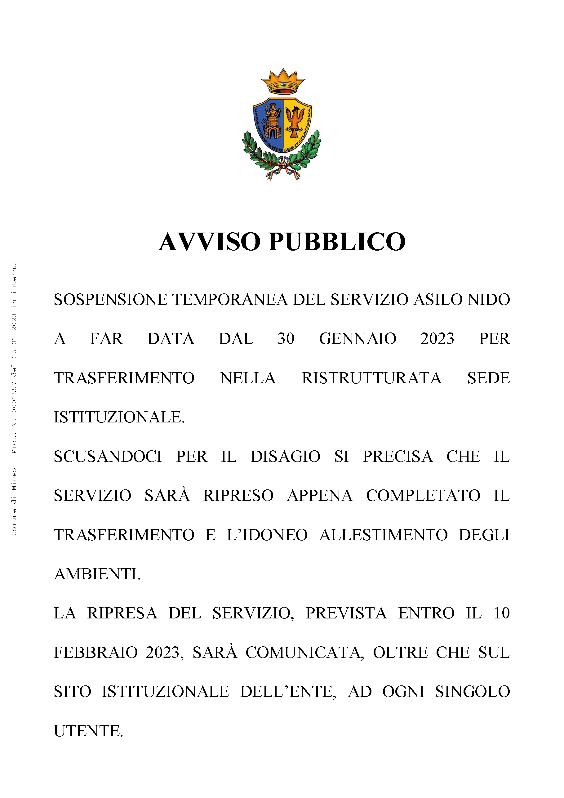 AVVISO PUBBLICO SOSPENSIONE TEMPORANEA DEL SERVIZIO ASILO NIDO A FAR ...